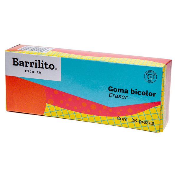 Goma Bicolor BARRILITO® modelo GBR40 caja con 36 piezas. – PlusCard